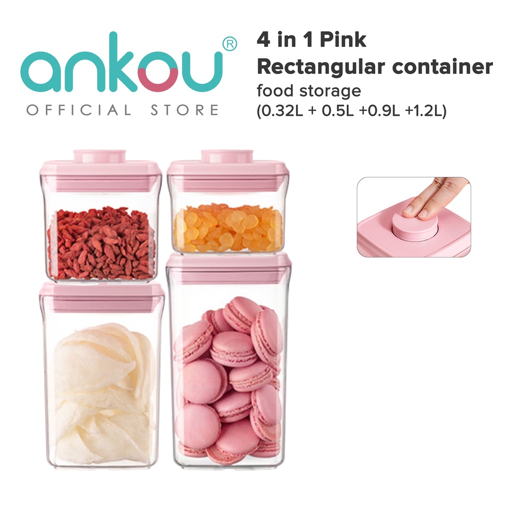 ANKOU AirTight Food Container - 4 in 1 / 10 in 1 Pink Square Clear Set ...
