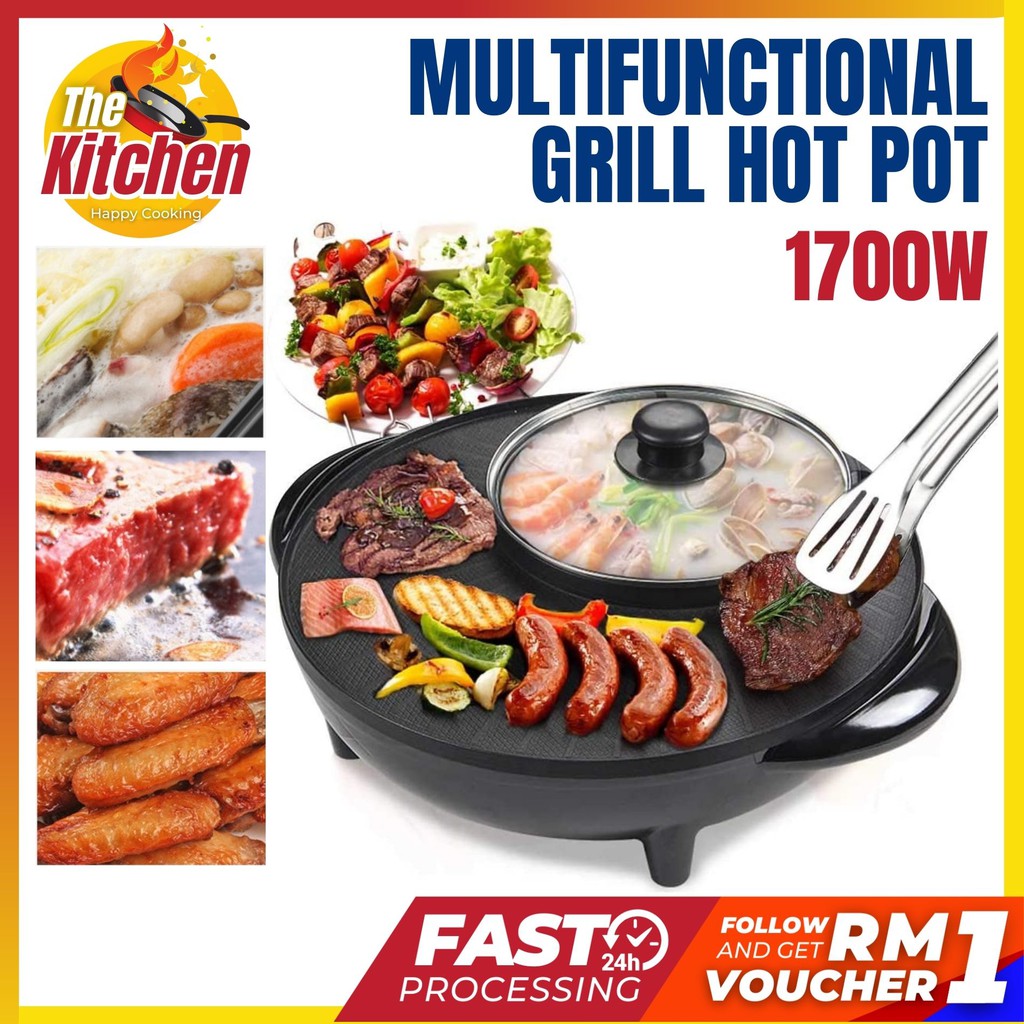 2 In 1 Family BBQ Pot Large Size Steamboat & Grilled Pot Electric Shabu ...