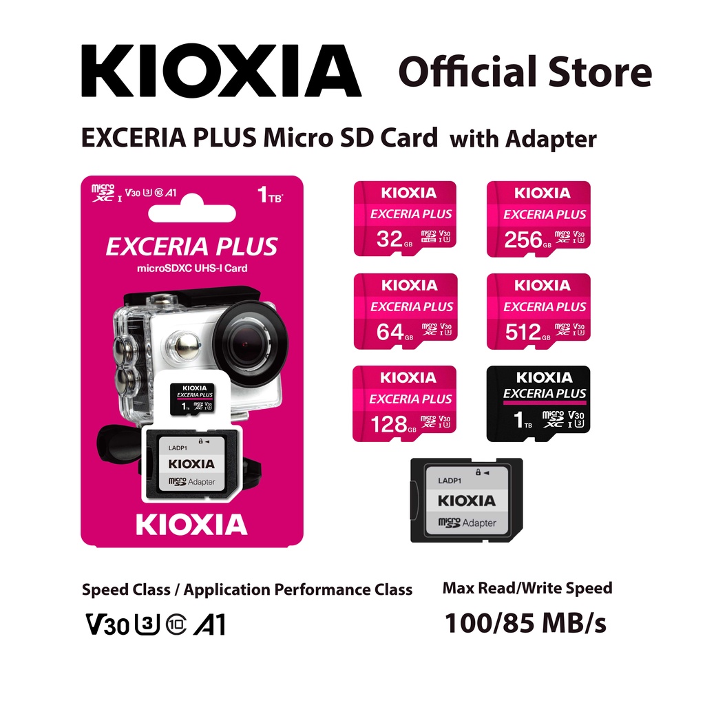 KIOXIA Exceria Plus microSD card C10 U3 class R100/W85 w/SD Adapter - 32GB 64GB 128GB 256GB ...