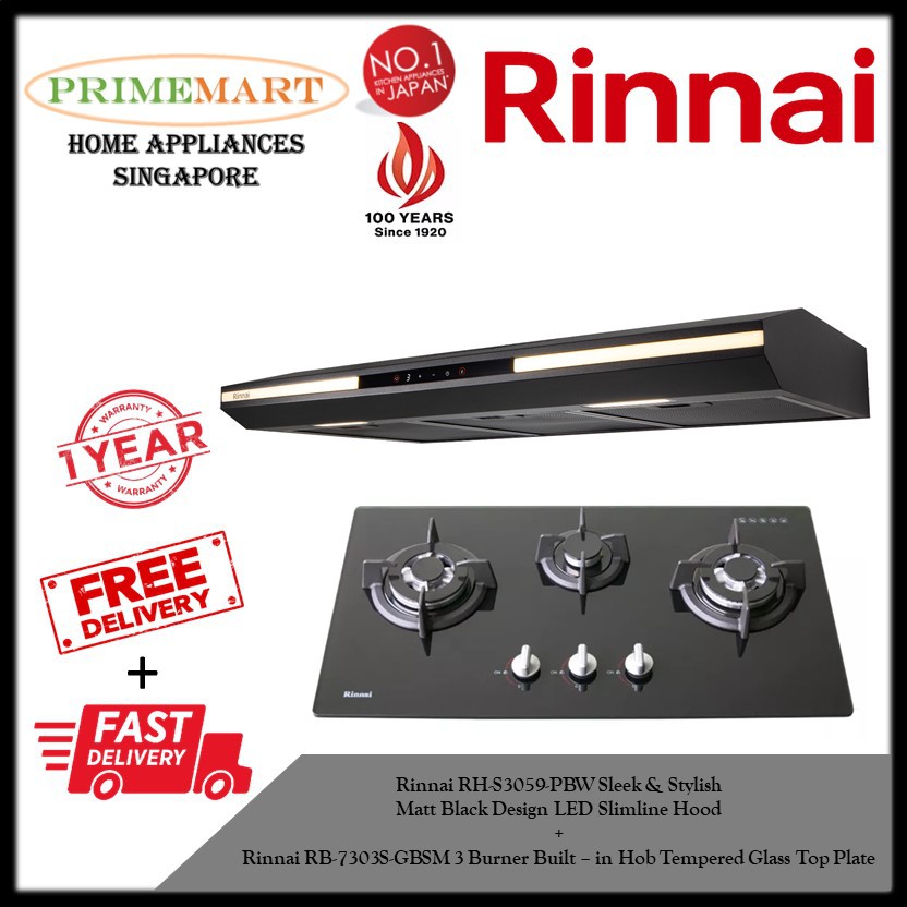 Rinnai RH-S3059-PBW Slimline Hood + RB-7303S-GBSM 3 Burner Built-in Hob *BUNDLE - FREE DELIVERY ...