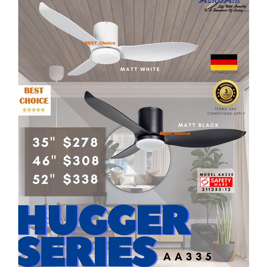 AEROAIR Hugger Series AA335 BLACK / WHITE 35"/46"/52" DC Motor Ceiling ...