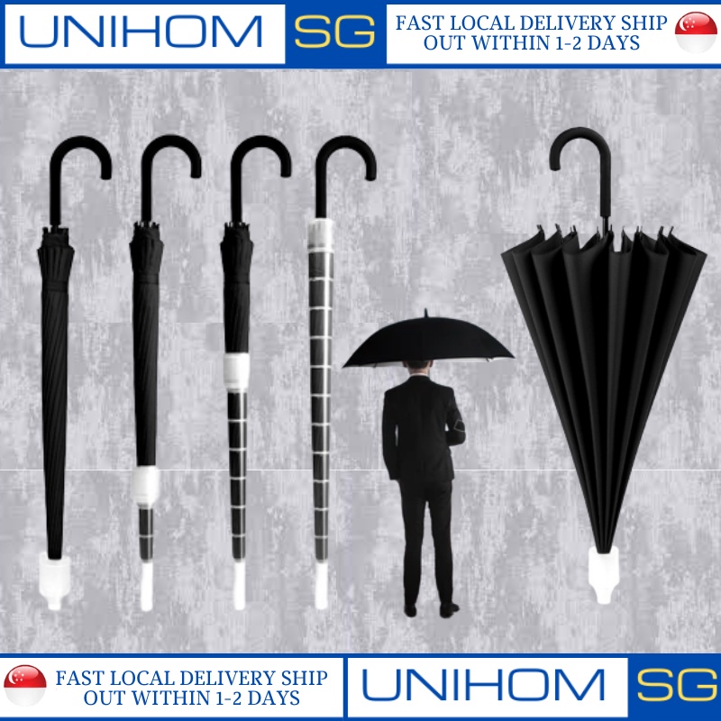 UnihomSG [ReadyStock] 120cm Black Auto Long Big Umbrella With Drip ...