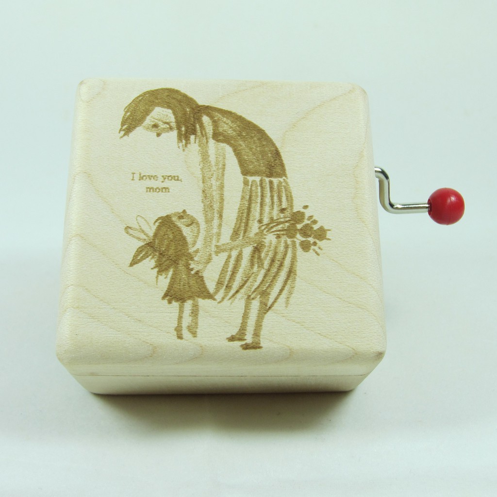 Wooden handmade engraved Little Girl with Mother hand crank music box ...