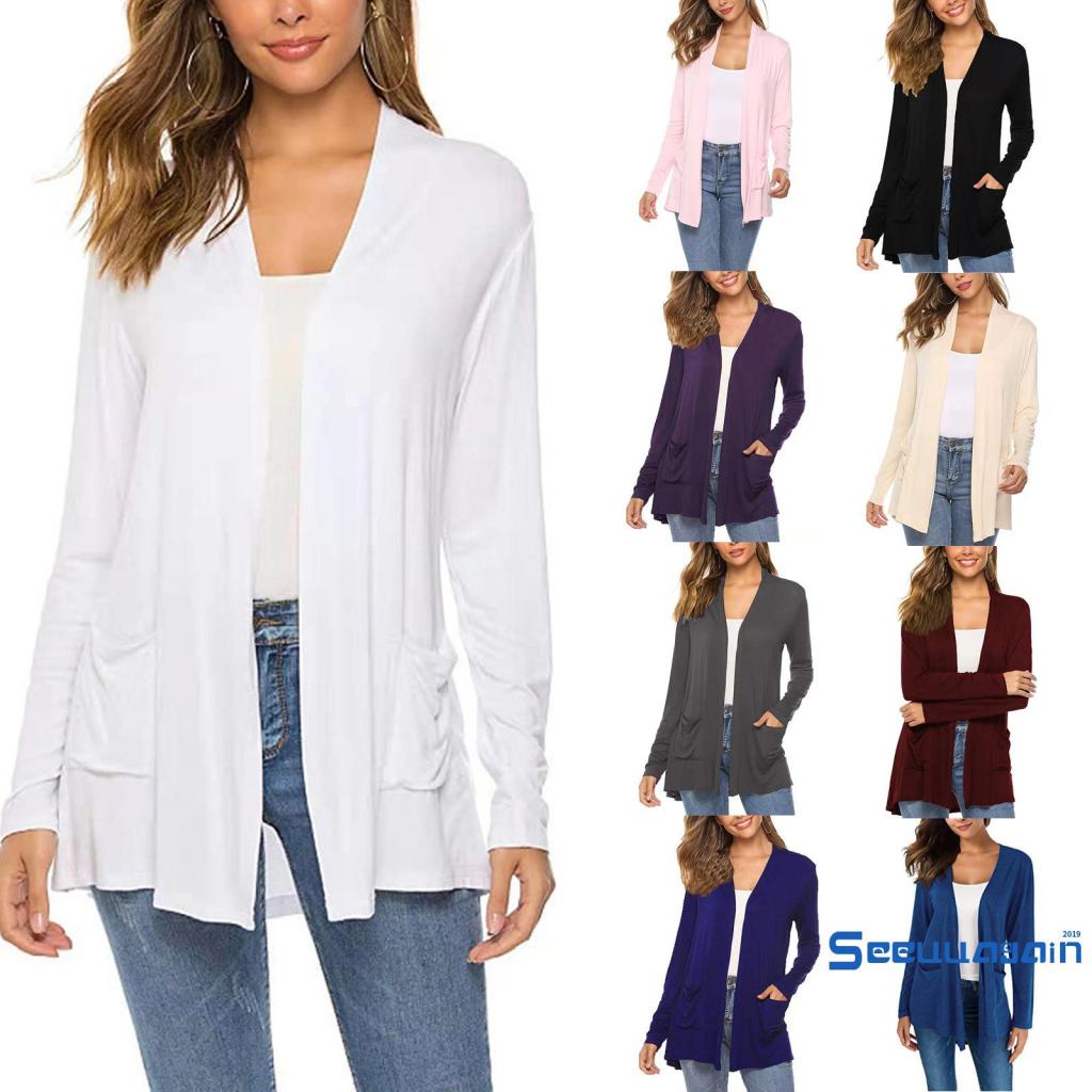 SEE-Women's Simple Style Cardigan Solid Color Long Sleeve Pocket ...
