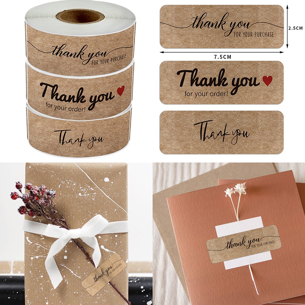 120pcs/roll 7.5*2.5cm Kraft Paper Stickers Thank You Shopping Wrapping ...