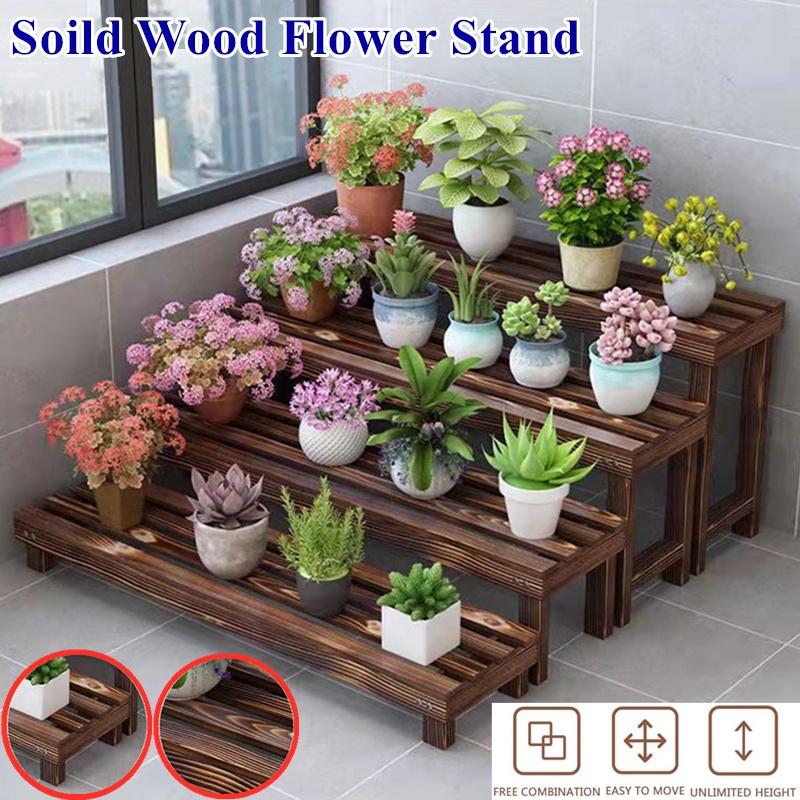 Wooden Plant Rack Carbonized Soild Wood Waterproof Flower Step Display ...