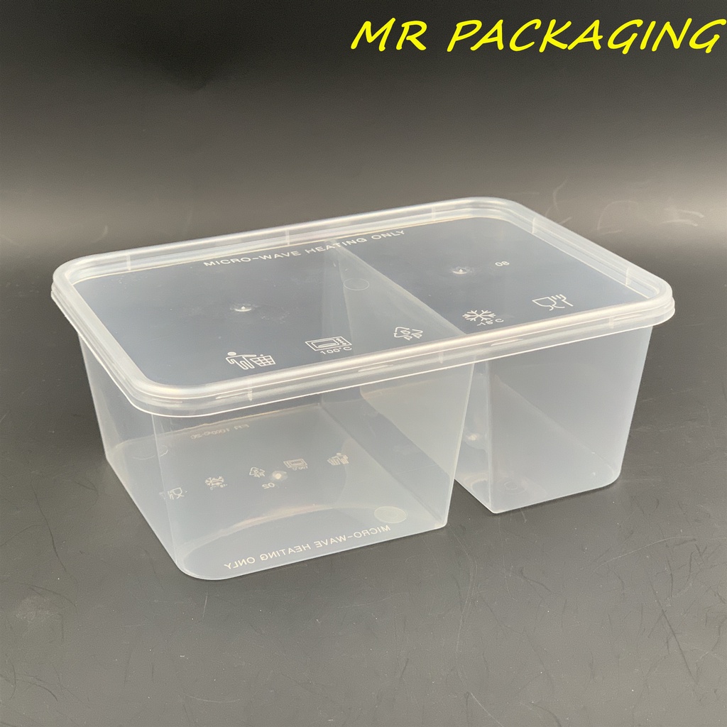 1000 DS Two 2 Compartment Rectangular Plastic Disposable Food Container ...