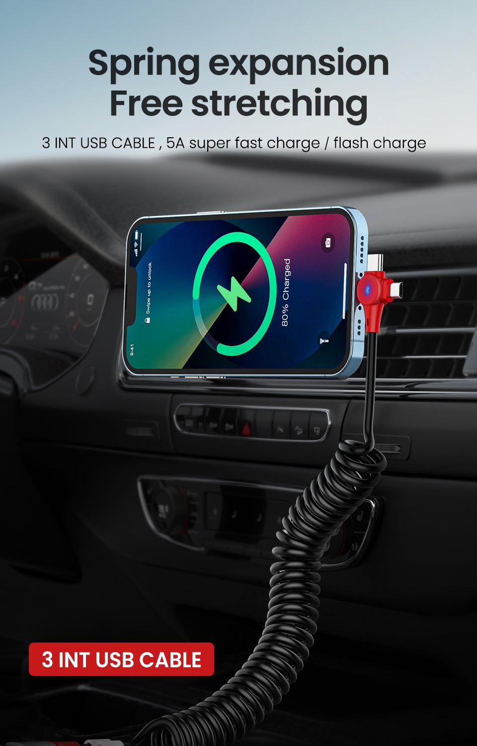 6A 3 in 1 USB Cable Micro USB Type C Fast Charger Spring Charging Data ...