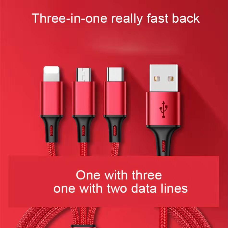 3 in 1 fast charging USB cable one drag three data cable braid USB fast ...