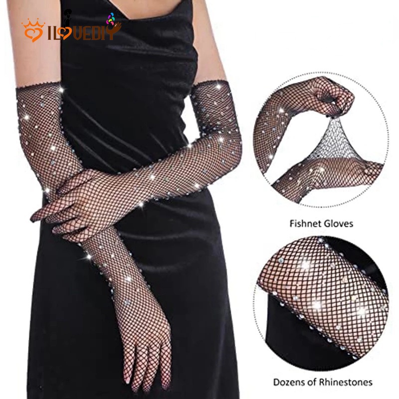 Women Sexy Hollow Rhinestones Fishnet Long Gloves / Fashion Diamonds ...
