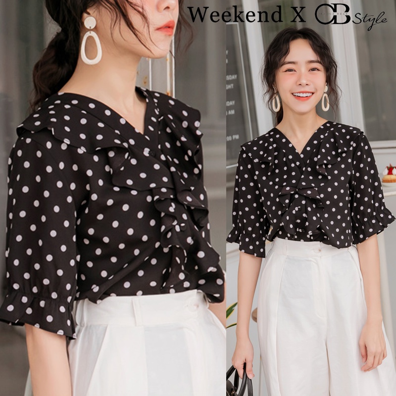 Weekend X Ob Design Women Clothes Black Chiffon Polka Dots Ruffle ...