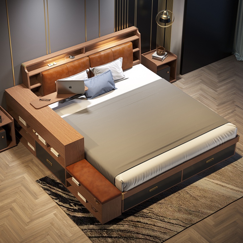 Nordic modern minimalist tatami high box bed bedroom small apartment ...