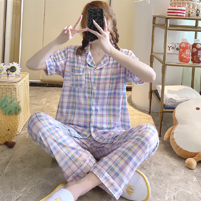 Korean Women Cotton Pyjamas Set Short Sleeve Plaid Leopard Print ...