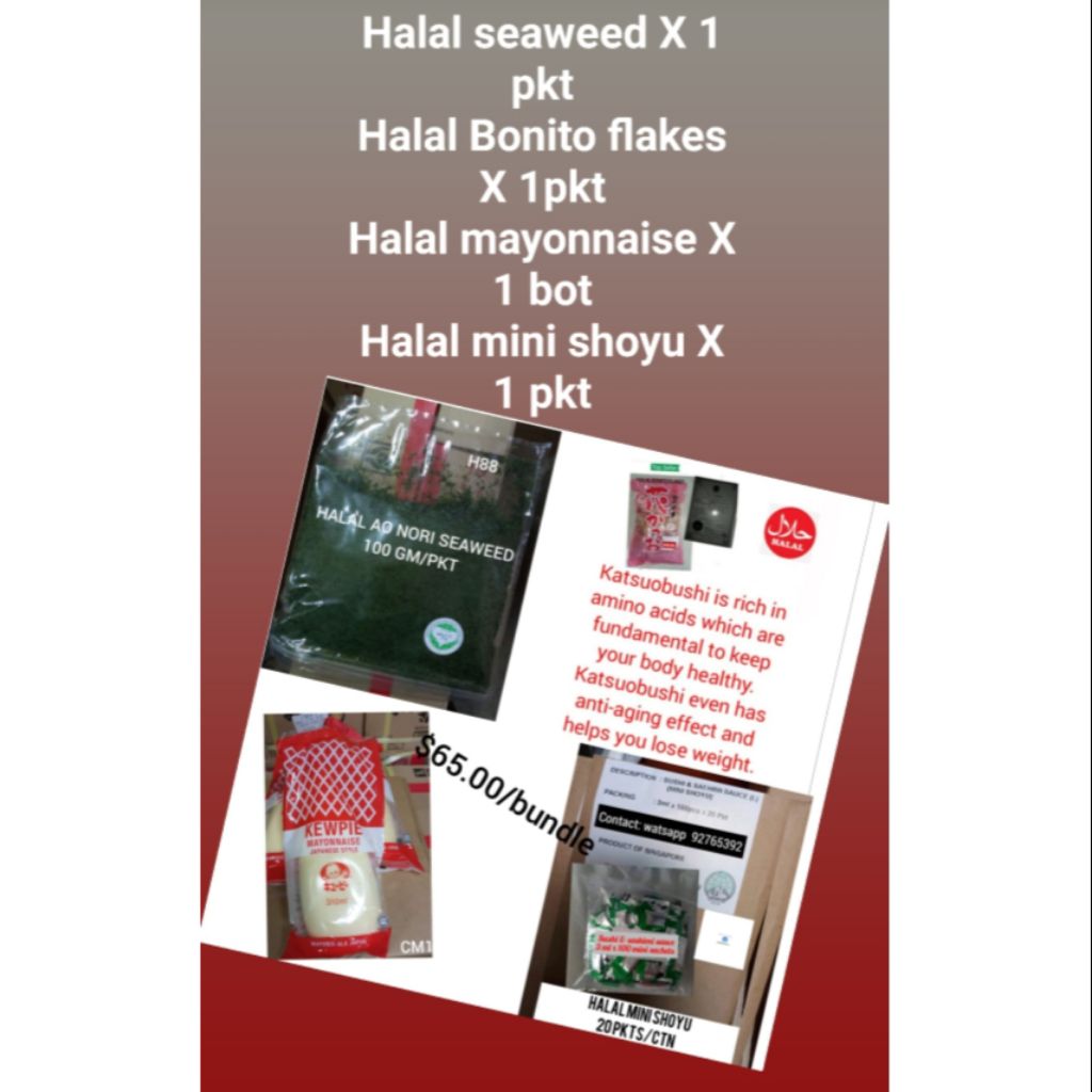 HALAL SEAWEED 1 PKT H88. HALAL BONITO 1 PKT N22 HALAL MAYO 1 BOT CM1 HALAL MINI SHOYU 100 ...
