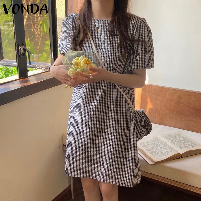 VONDA Women Korean Summer Round Neck Puff Sleeve Short Sleeve Plaid ... VONDA Women Korean Summer Round Neck Puff Sleeve Short Sleeve Plaid ...