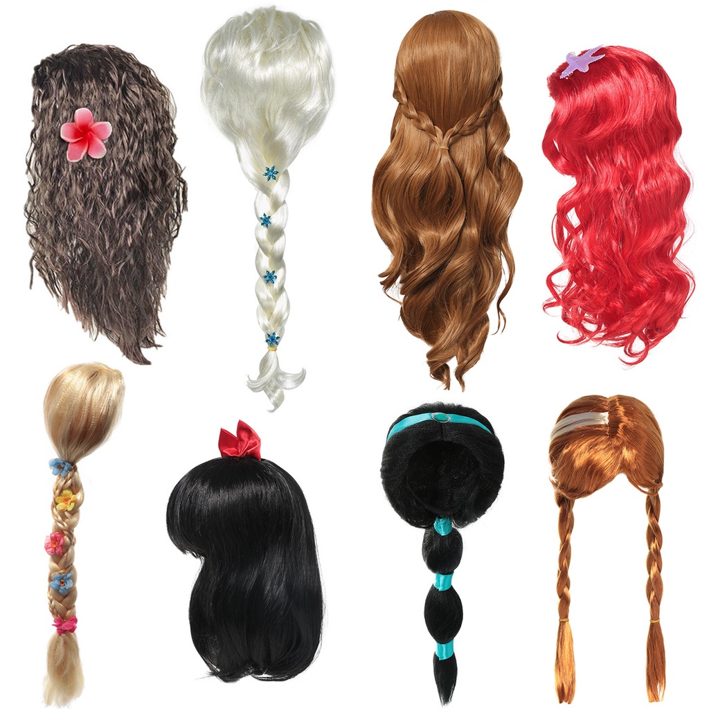 Girls Disney Princess Wig Frozen Elsa Anna Snow White Rapunzel Mermaid ...