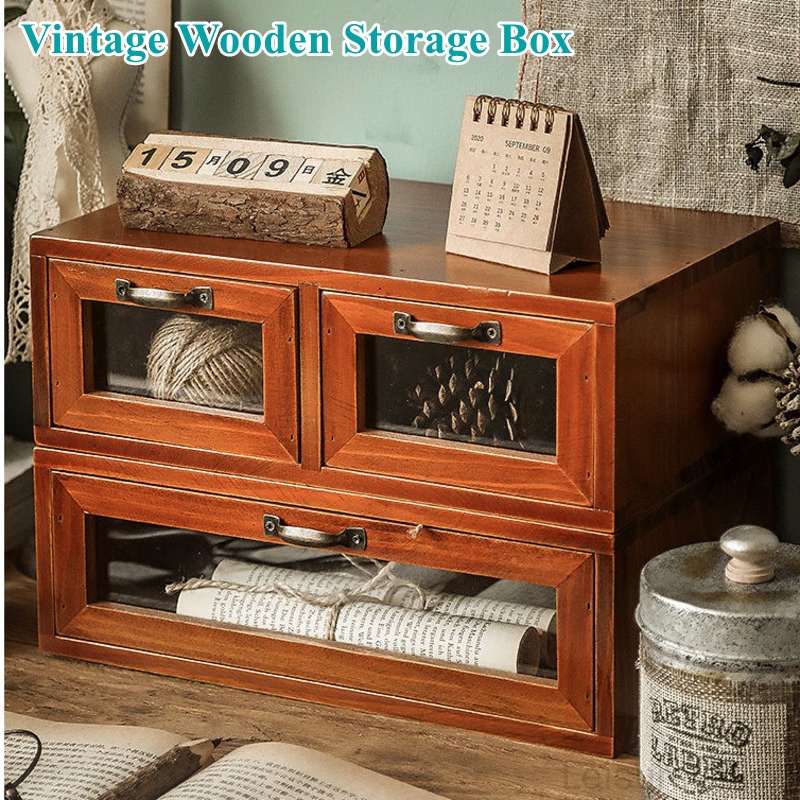 Retro Chest Antique Solid Wood Desktop stackable Storage Box Wooden ...