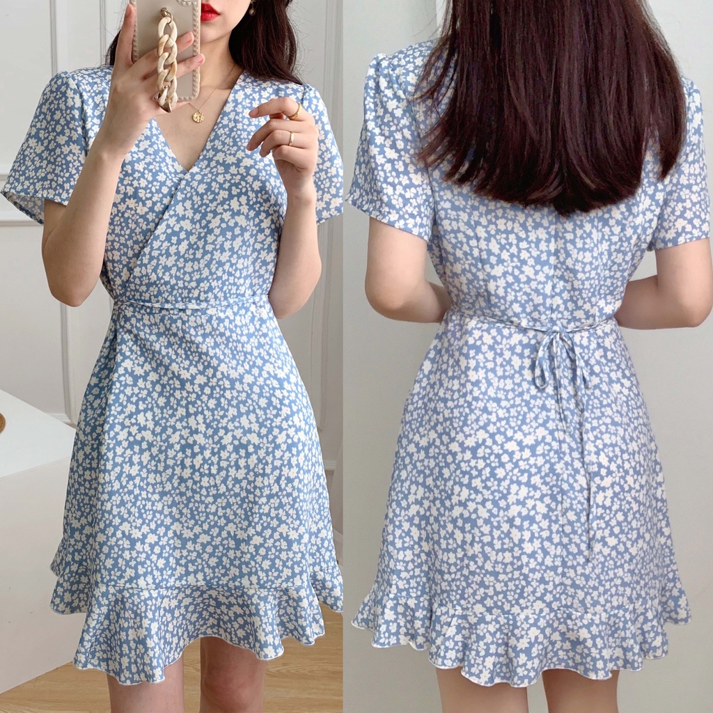 Short Sleeve Mini V-Neck A-Line Tie Waist Dress/Above Knee Floral Blue ...