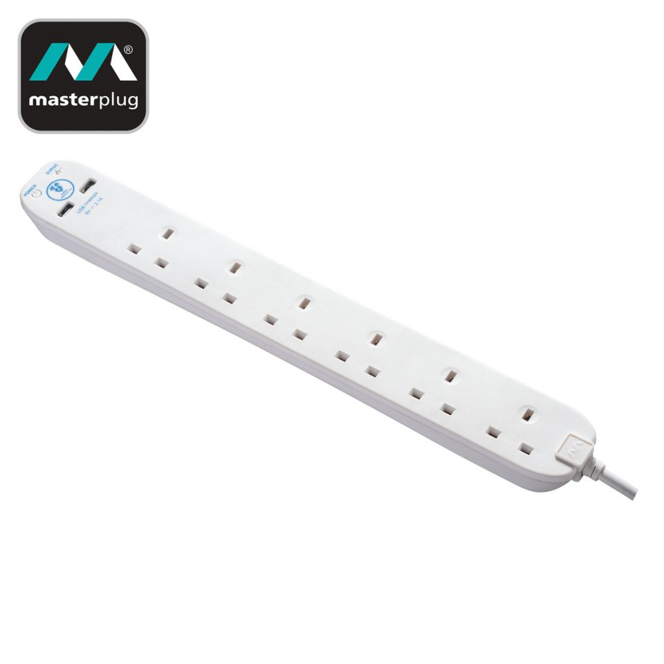 Masterplug Surge USB Extension Lead - 6 Socket with 2 USB (2.1A ...