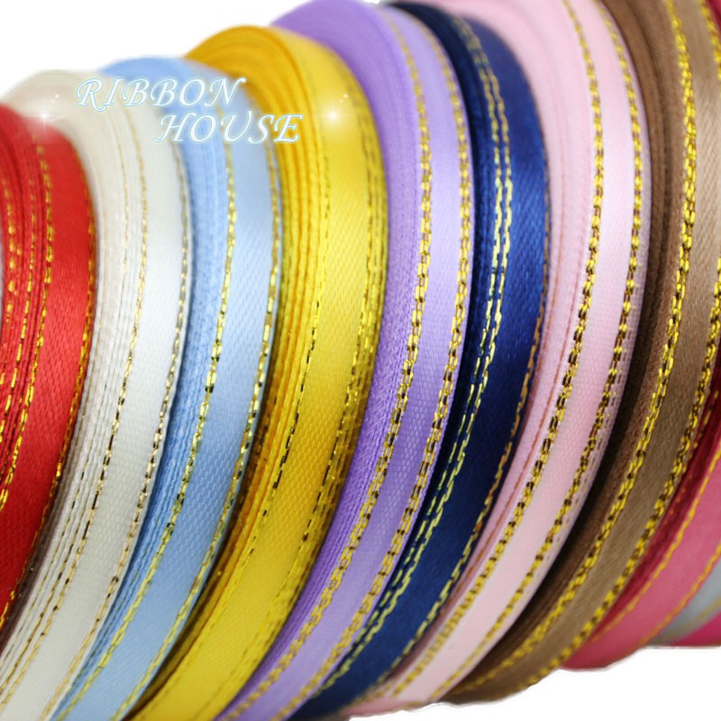 (25 Yards/roll) Gold Edge Ribbon Satin Ribbons High Quality Gift ...