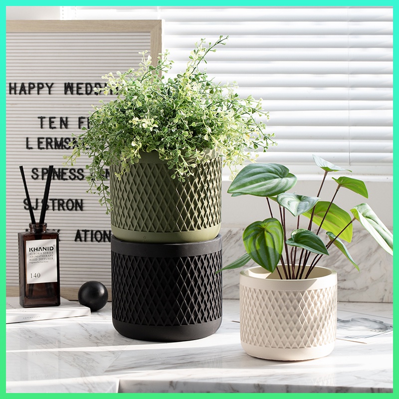 Grating Pattern Minimalist Modern Cement Flower Pot Green Planter Pot ...