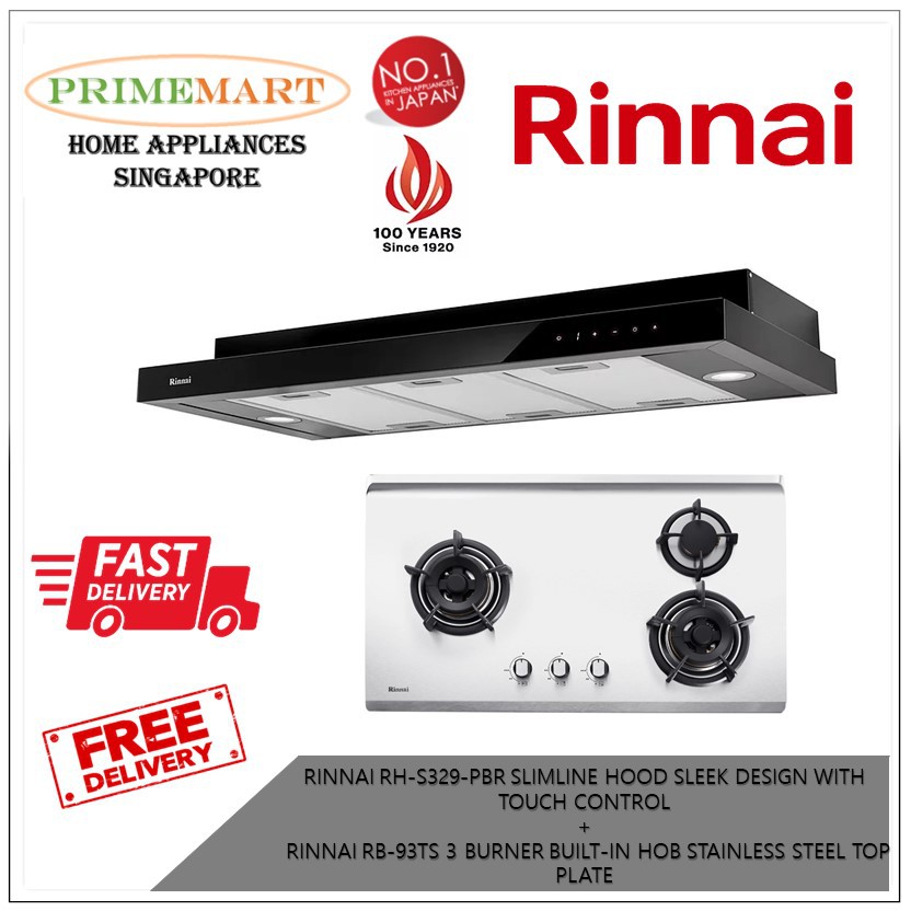 RINNAI RH-S329-PBR SLIMLINE HOOD + RINNAI RB-93TS 3 BURNER BUILT-IN HOB BUNDLE DEAL ...