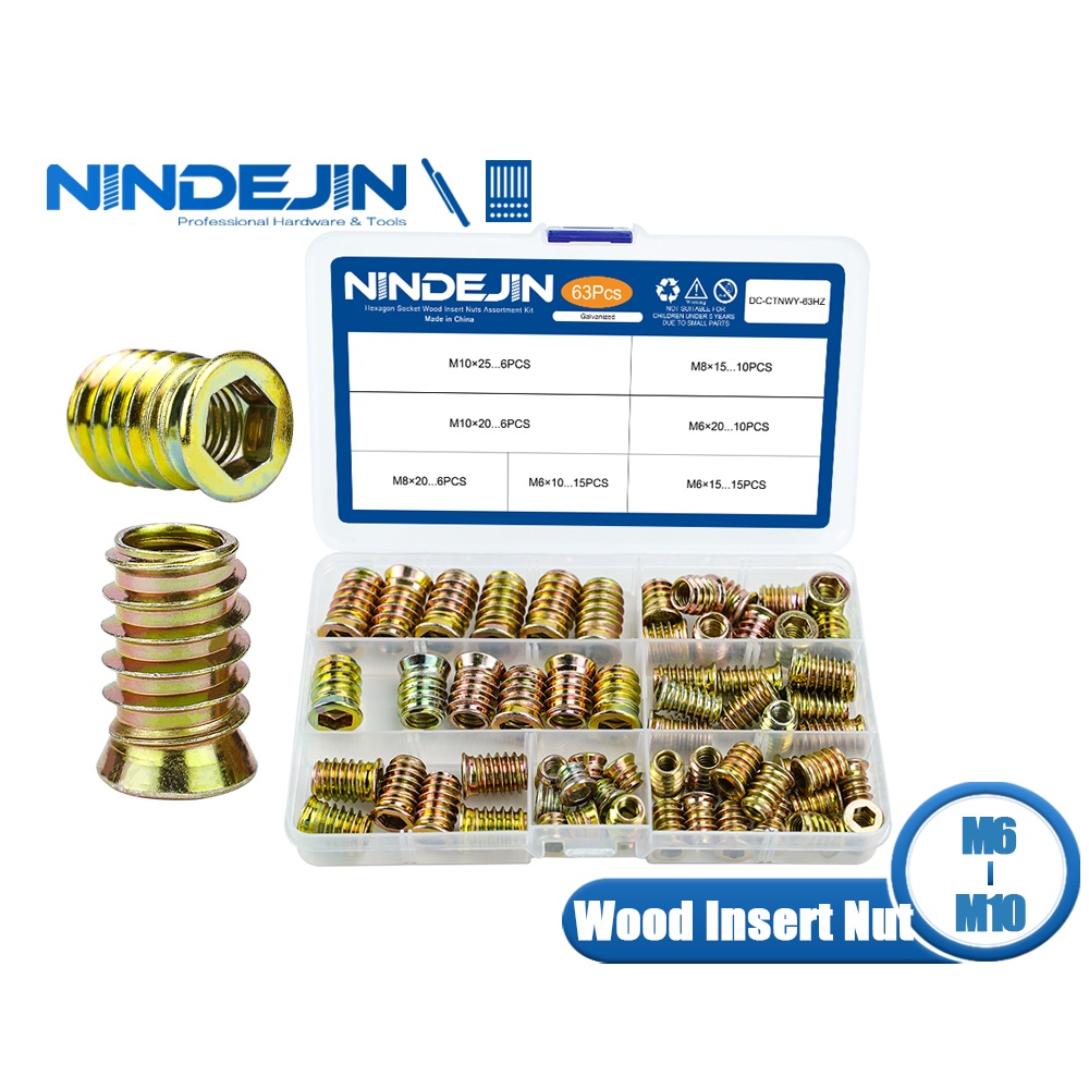 NINDEJIN 63pcs Wood Insert Nuts M6 M8 M10 Hexagon Wood Threaded Inserts ...