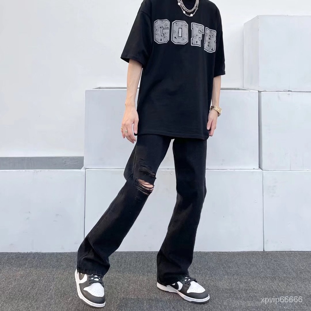 [H2O] Knife Cut Jeans High Waist Straight Street Black Ripped Micro ...