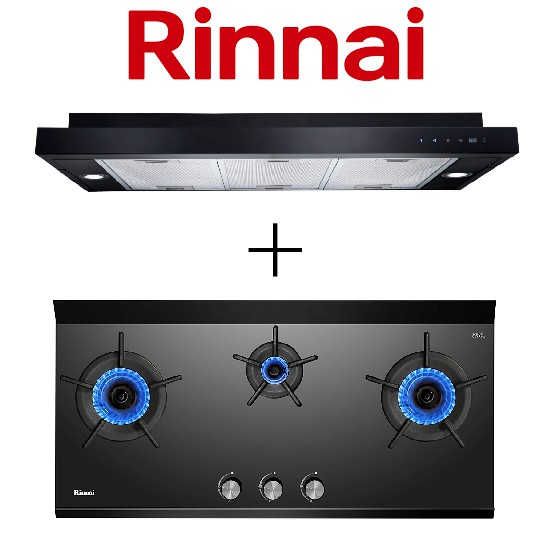 RINNAI RH-S329-PBR 90CM SLIMLINE HOOD WITH TOUCH CONTROL + RINNAI RB-3CGN 3 BURNER INNER FLAME ...