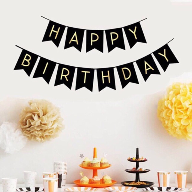 Happy birthday banner - black birthday banner - HBD party bunting flag ...