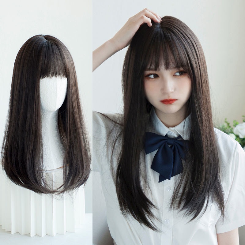 Wig female medium long hair Japanese round face air bangs long straight ...