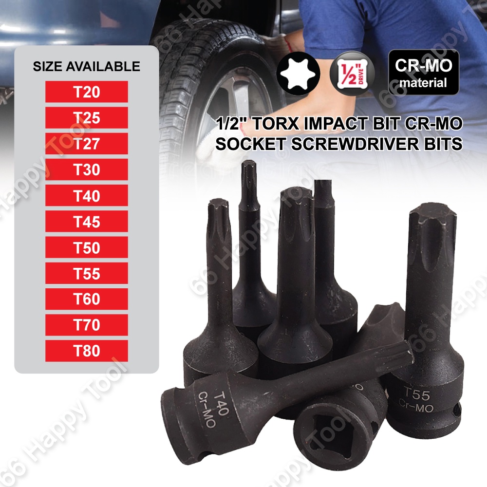 (1pc) 1/2" Torx Impact Bit CR-MO Socket Screwdriver Bits T20-T80 80mm Length Torx Star Impact ...