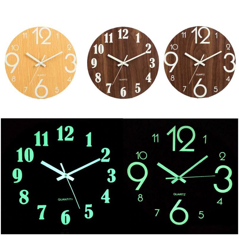 Wooden Wall Clock Luminous Number Hanging Clocks Quiet Dark Glowing ...