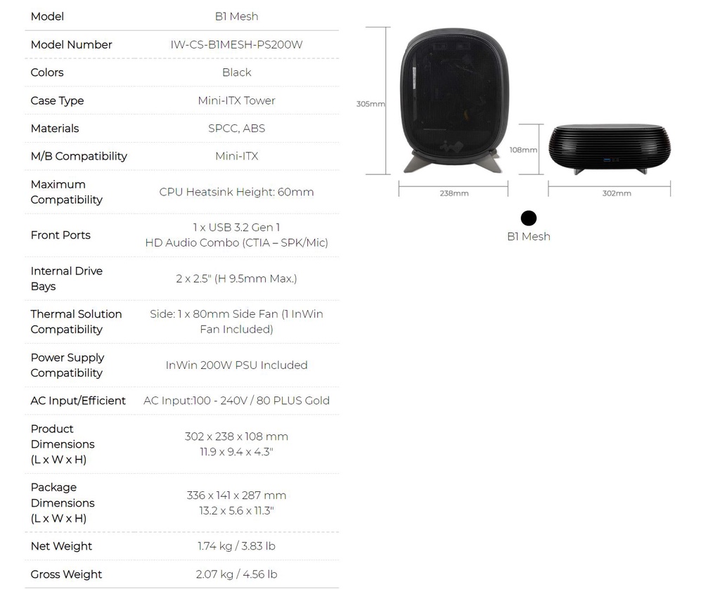 InWin B1 Mesh/TG Mini-ITX Chassis with Built-in 200W 80+ Gold PSU (2 ...
