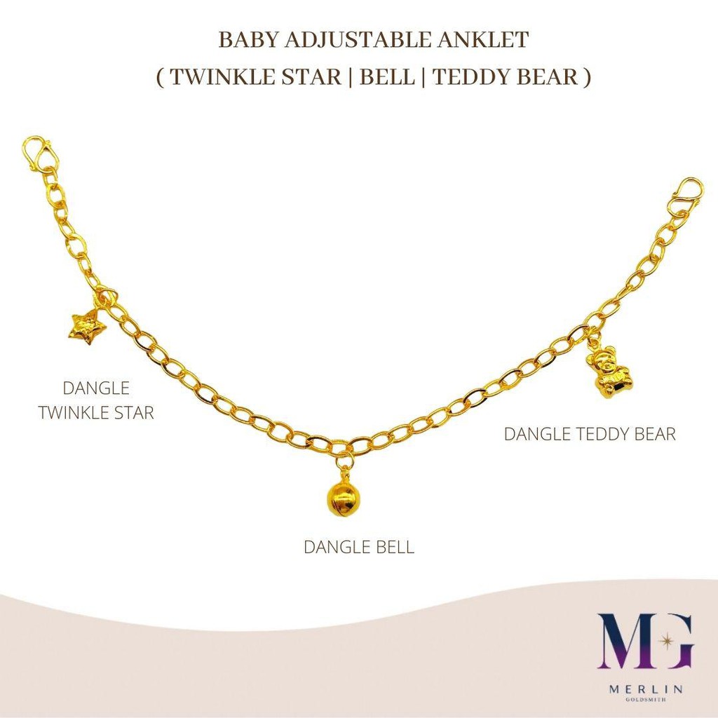 Merlin Goldsmith 22K 916 Gold Baby Adjustable Anklet ( TWINKLE STAR | BELL | TEDDY BEAR ...