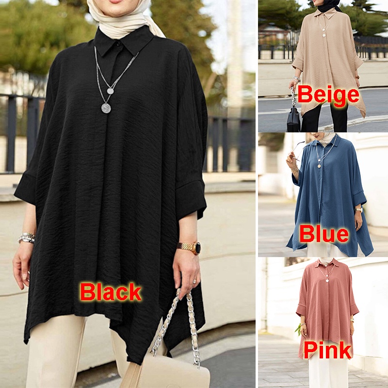 【S-5XL】Women Plus Size Muslimah Blouse Solid Shirt Irregular Hem Button ...