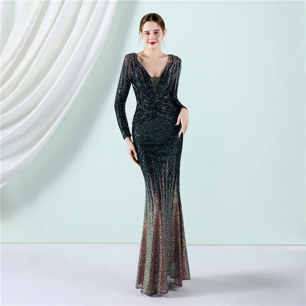 Gradient Bead Long Sleeve evening dress fashion long Sequin dress party ...