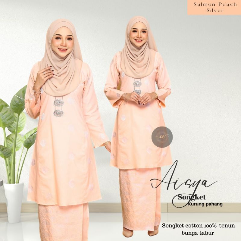 [SALMON PEACH SILVER EDITION] KURUNG PAHANG PESAK SONGKET COTTON TENUN ...