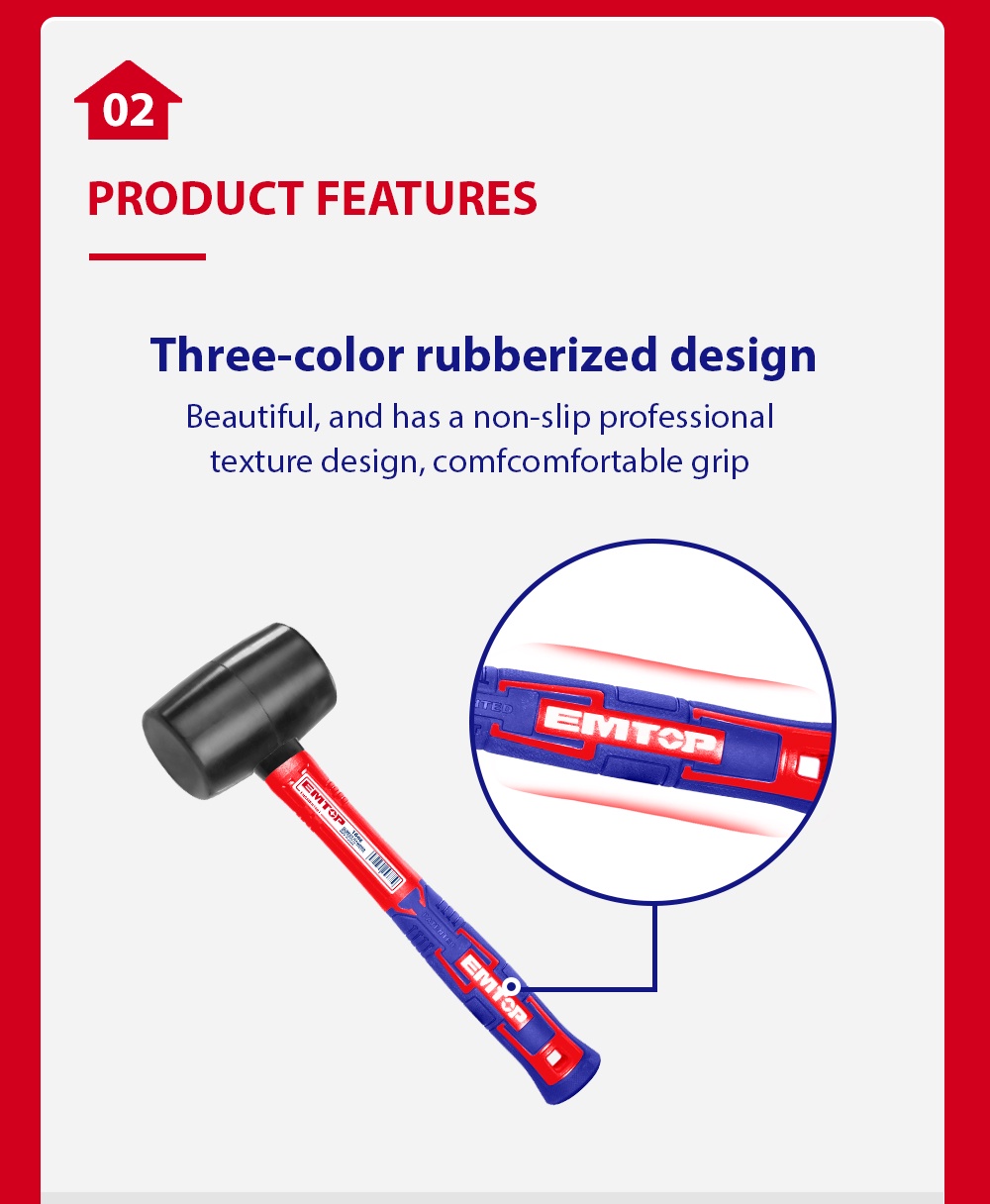 EMTOP Rubber Hammer 16oz Rubber Mallet With Fiberglass Handle For ...