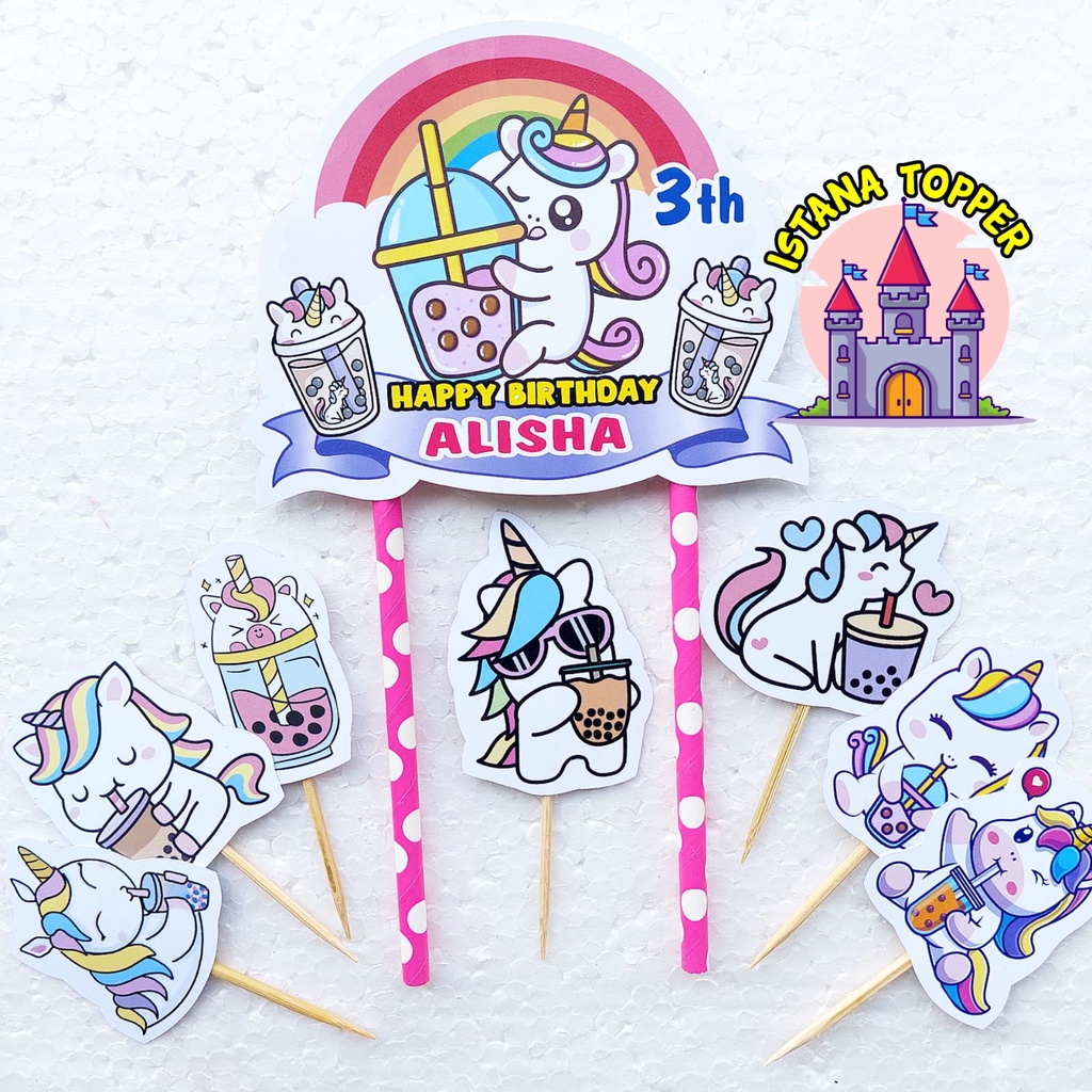 CUSTOM Cake Topper with the theme Pororo, Unicorn Boba, Didi and ...