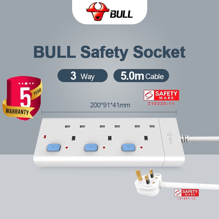 Bull Safety Socket 3 Way (5.0 Meters Cable) Extension Socket Outlet ...