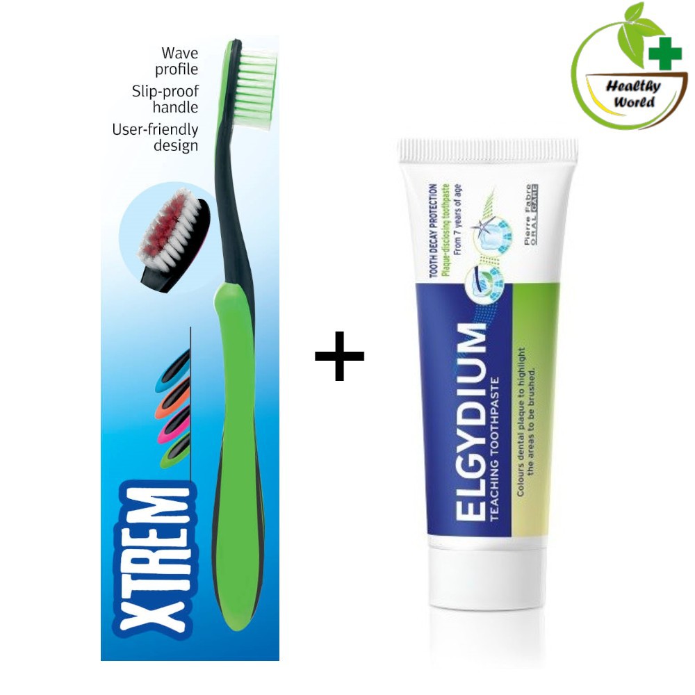 Elgydium TEACHING PLAQUE DISCLOSING Toothpaste + XTREM Toothbrush Pack ...