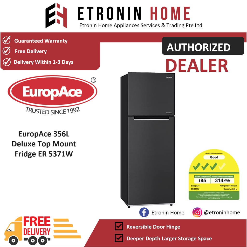 EuropAce 356L Deluxe Top Mount Fridge ER 5371W | Shopee Singapore