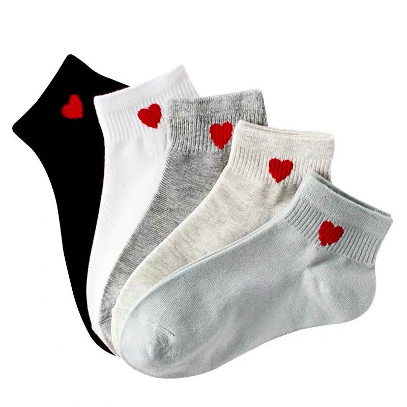 5 Pairs Women Short Socks Red Heart Cute College Comfortable Female ...