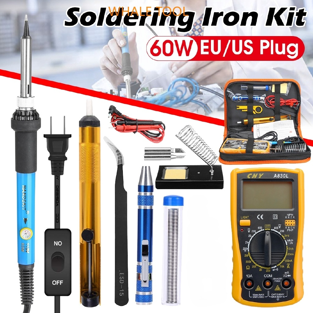 60W Adjustable Temperature Soldering Iron Kit Digital Multimeter Desoldering Pump Wire Stripper ...