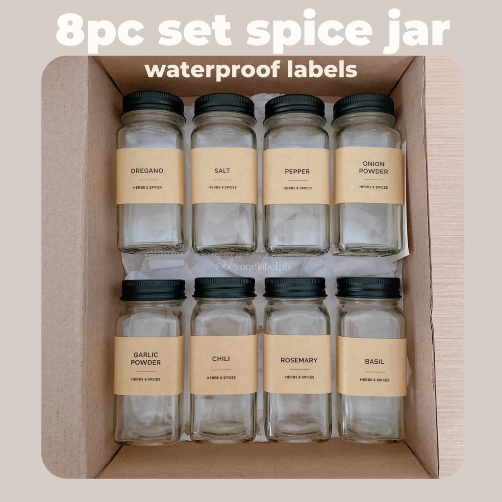 SPICE JAR SET 8pcs with waterproof label stickers / glass spice jar ...