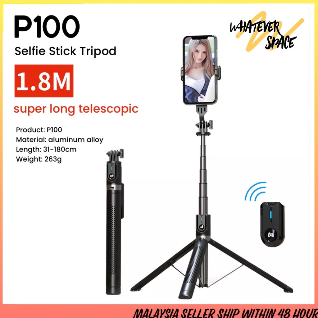 P100 Tripod 180cm for Phone Selfie Stick 360 Rotation Holder Bluetooth ...