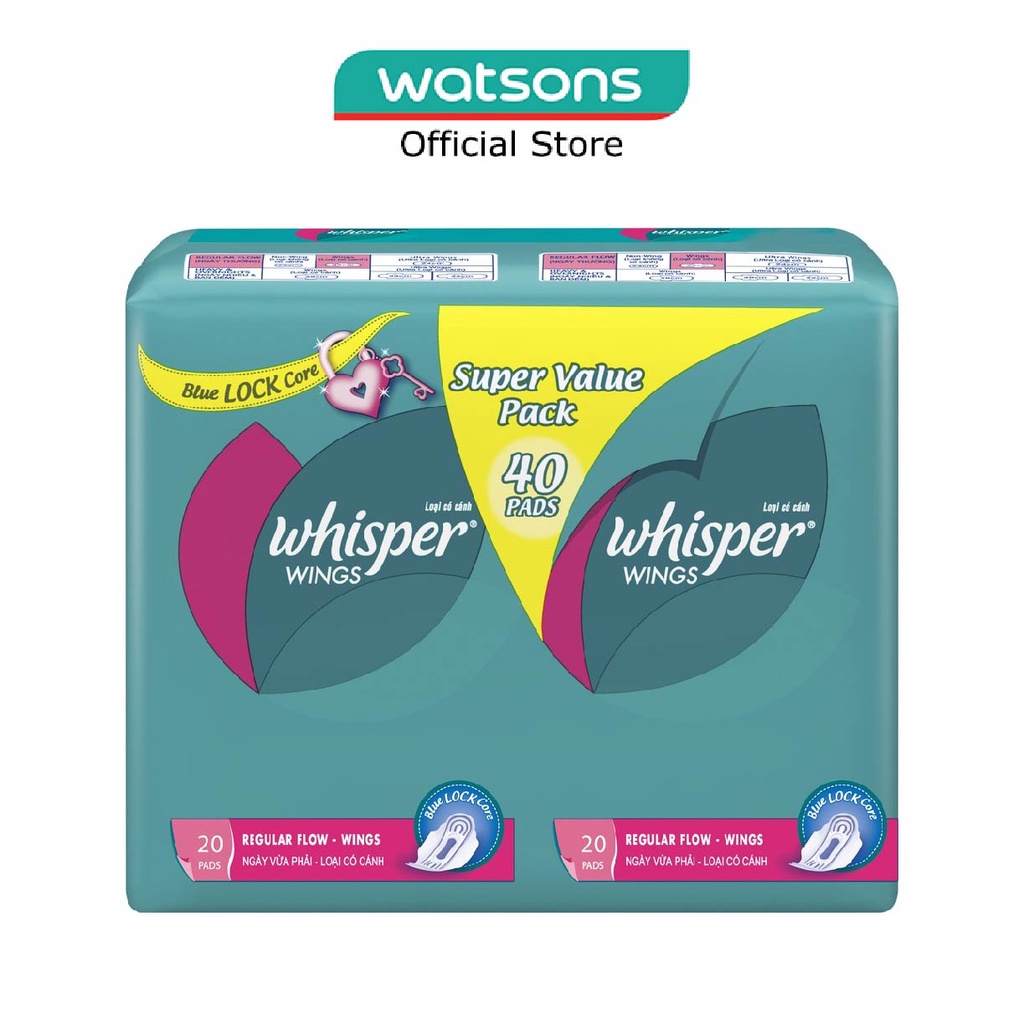 WHISPER Wings Regular Flow Blue Lock Care Twin Pack 40 Pads | Shopee ...
