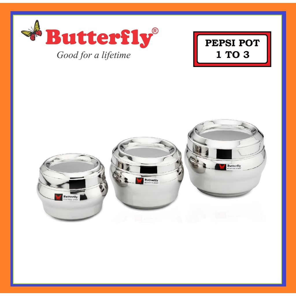 BUTTERFLY STAINLESS STELL CONTAINER PEPSI POT / THREE SIZES / STEEEL ...