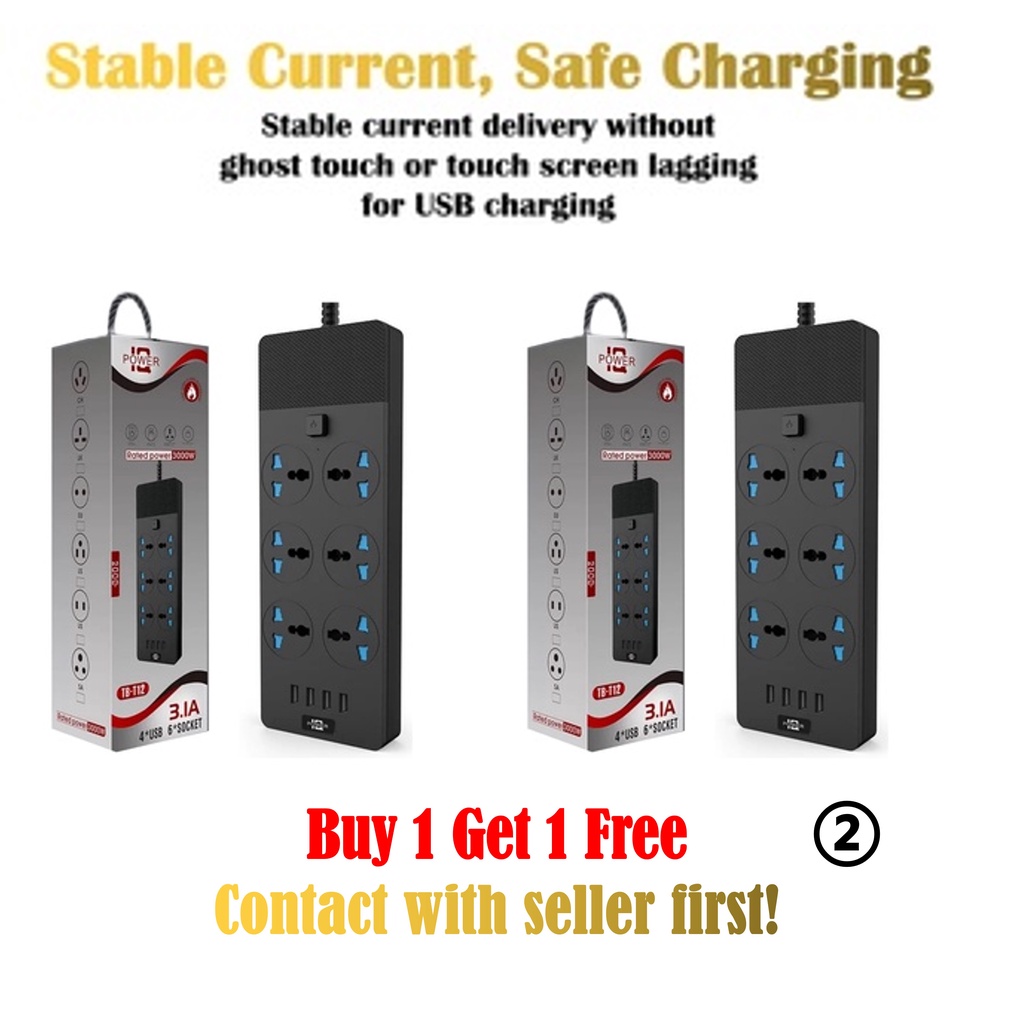Multi Power Strip Plug Universal Extension Cord 6AC 4USB Ports Surge ...